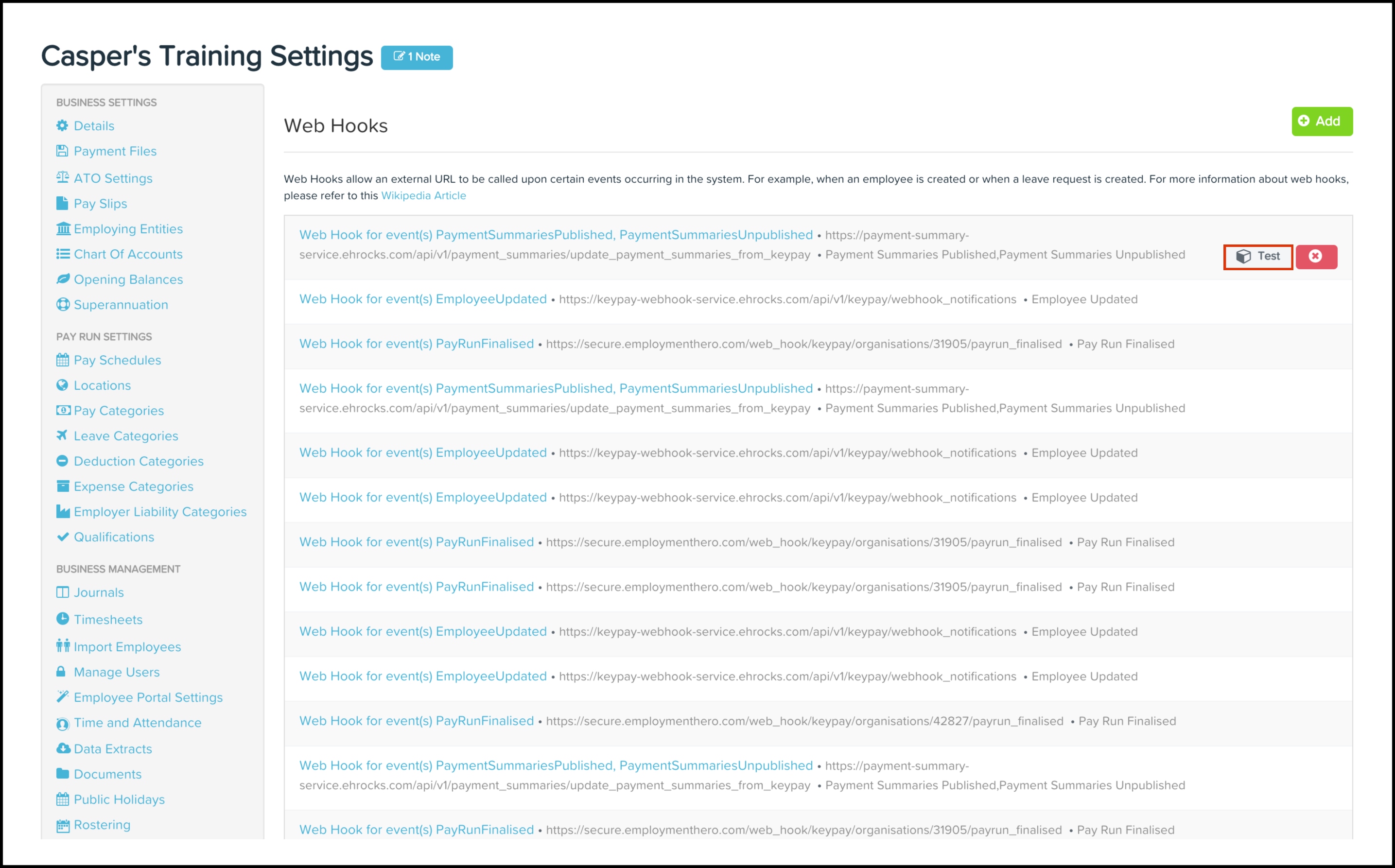 Setup, test and manage Web Hooks – Your Payroll (AU)