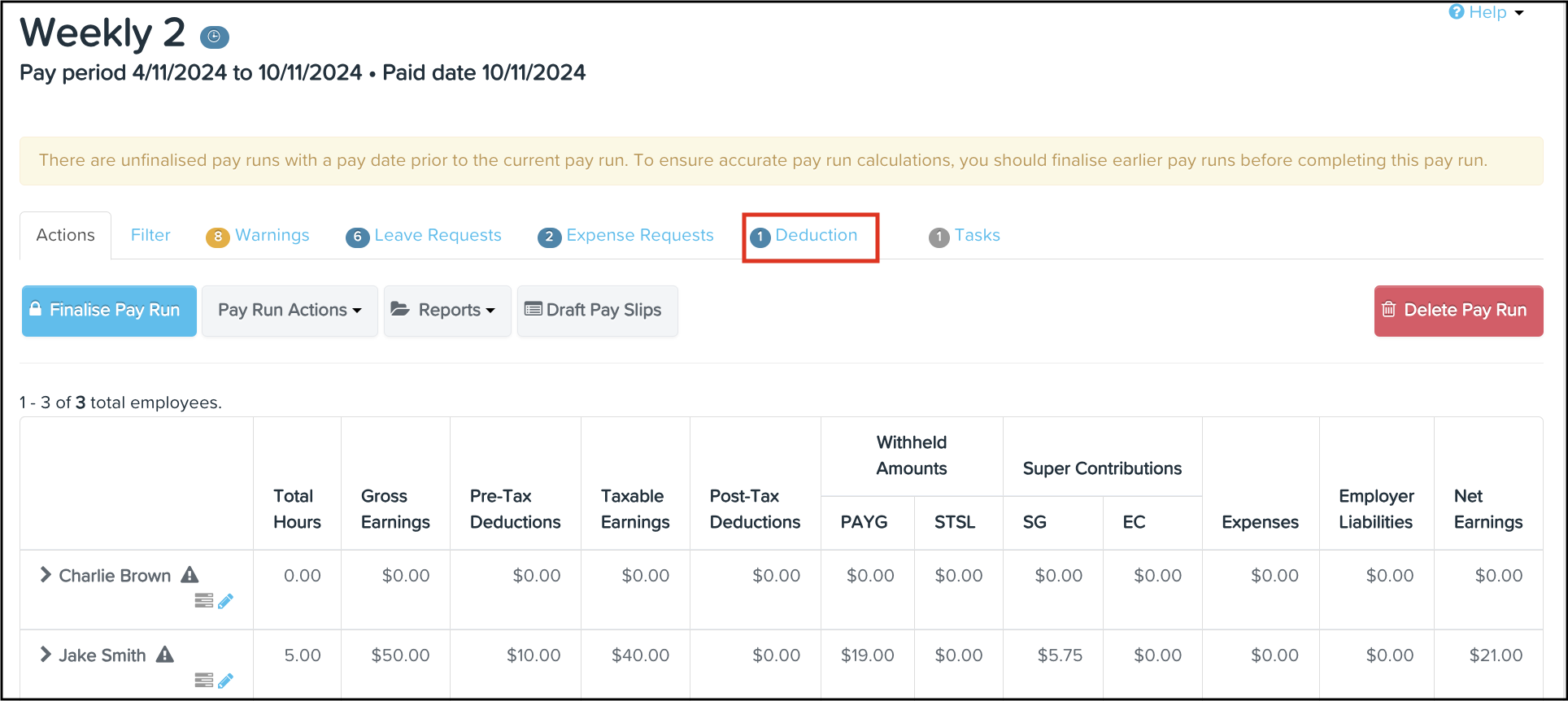 Pay run deductions – Your Payroll (AU)