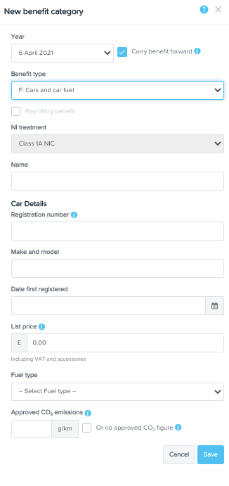 Setting up Car Benefits – Your Payroll (UK)