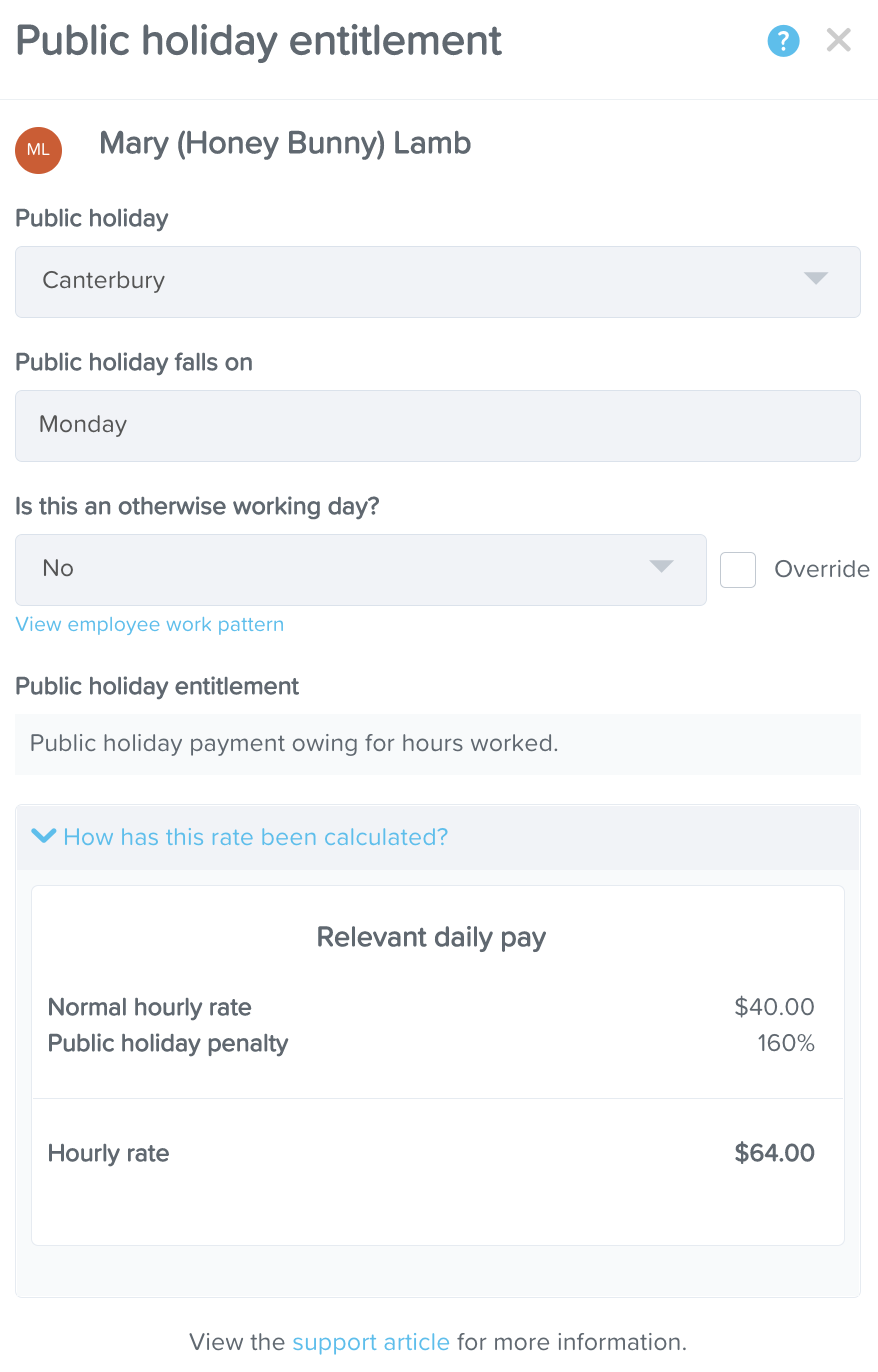 Public holiday entitlement context panel explained – Your Payroll (NZ)
