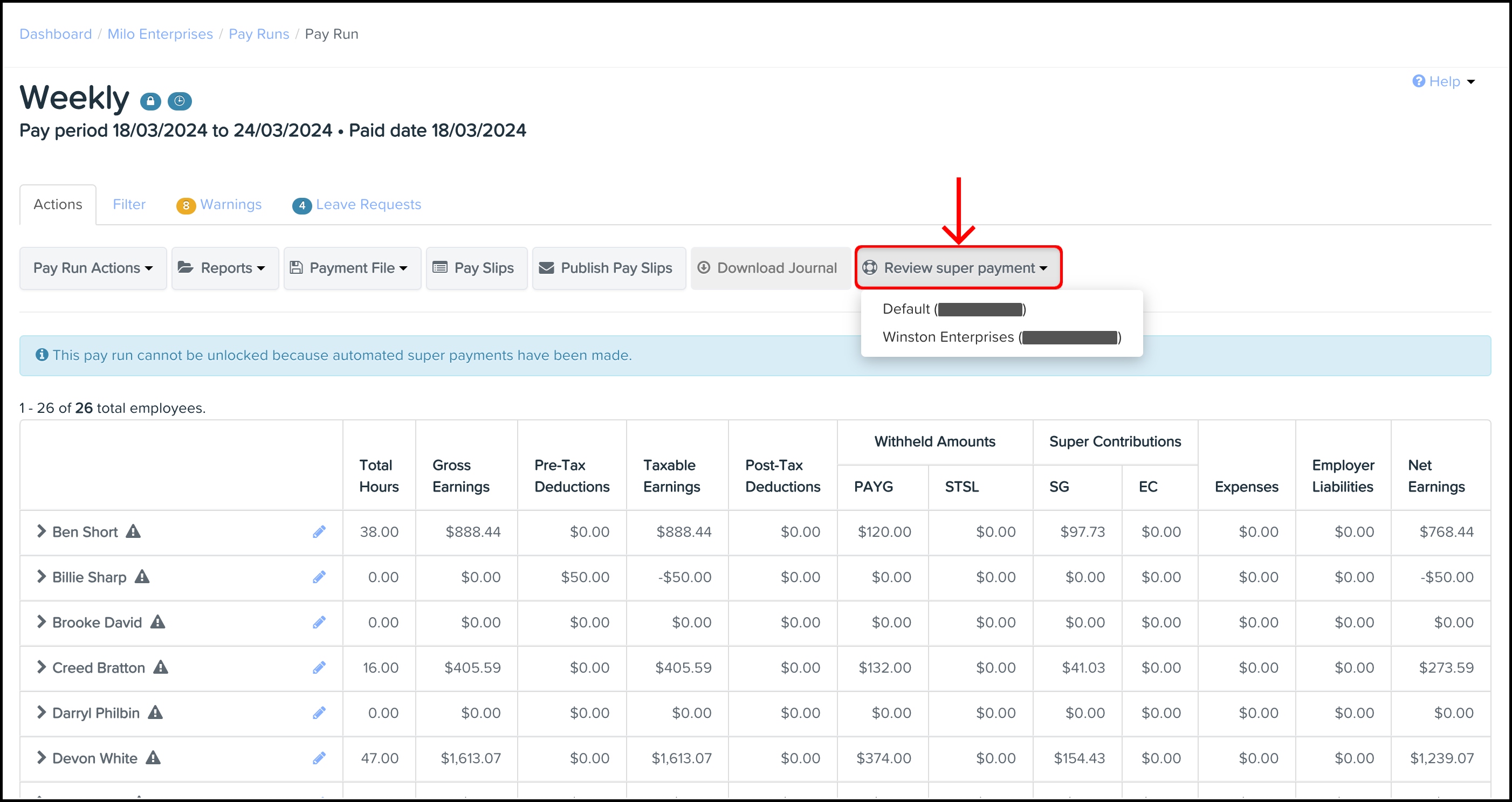 Integrate super payments within a pay run – Your Payroll (AU)